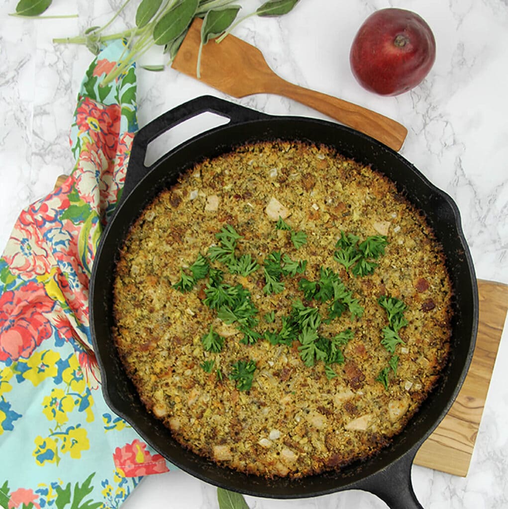 Skillet Dressing Recipe with Pear, Sage, and Bacon